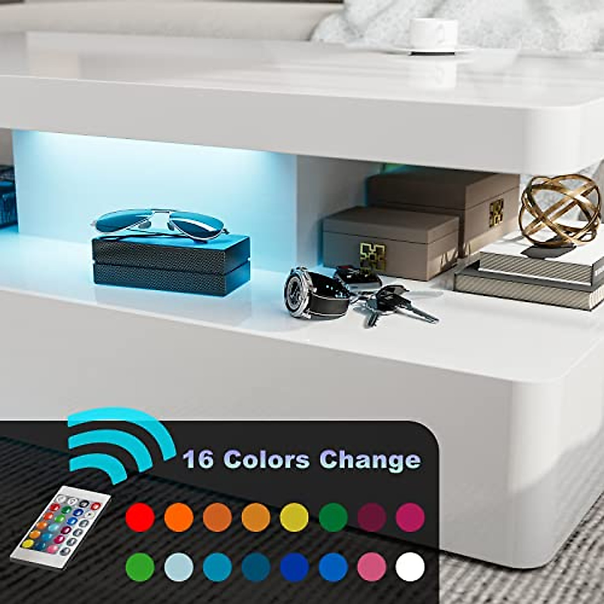 IKIFLY Modern High Glossy White Coffee Table with 16 Colors LED Lights, Contemporary Rectangle Design Living Room Furniture, 2 Tiers