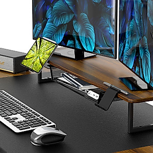 SHW 62-Inch Extra Large Electric Height Adjustable Standing Desk with Monitor Riser and Drawer, 62 x 28 Inches, Walnut