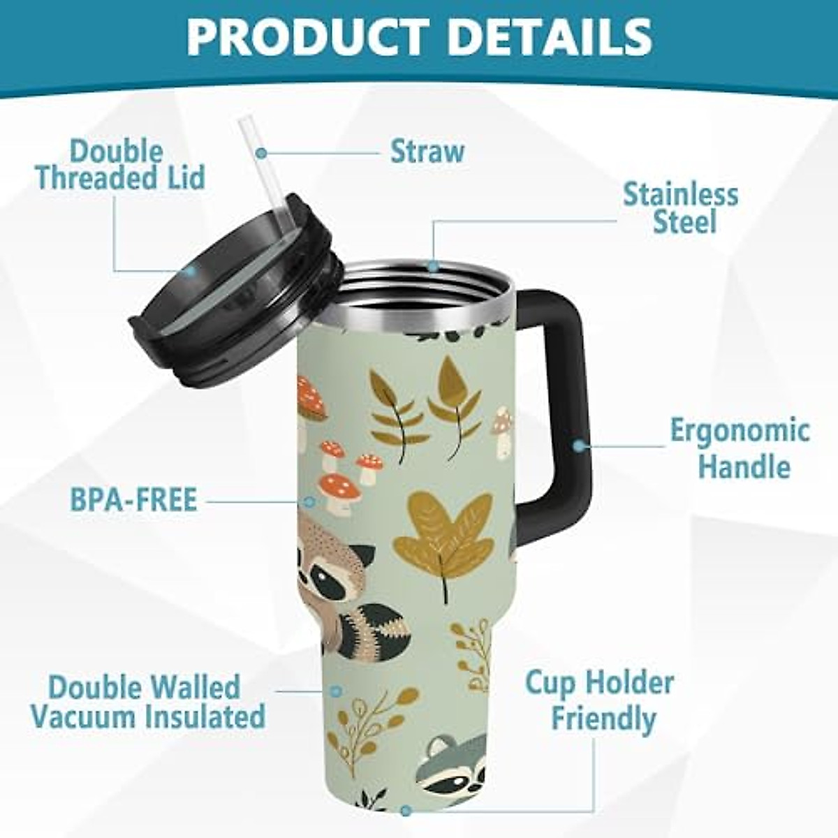 FRCSDIY Cartoon Raccoon Insulated Tumbler with Handle and Straw Lid,40oz Leakproof Stainless Steel Cup BPA-Free Water Bottle