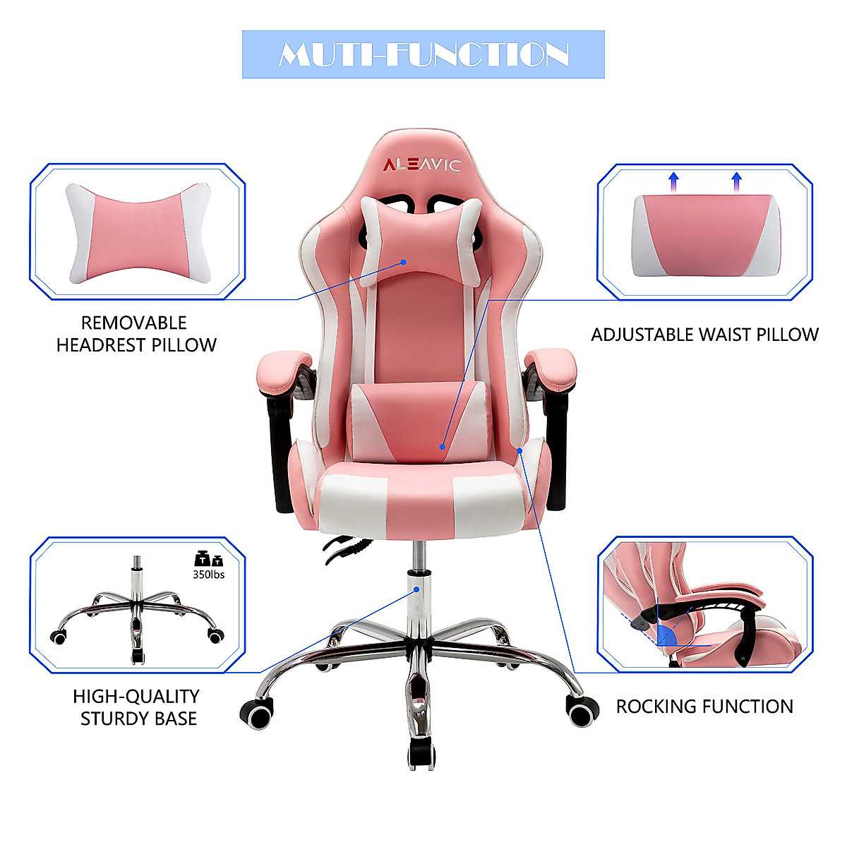 ALEAVIC Gaming Chair for Adults, High Back Ergonomic Computer Gaming Chair with Headrest and Lumbar Support, Pink White