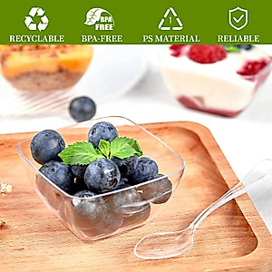 TOFLEN 100ct 2 oz Mini Dessert Cups with Spoons, Clear Plastic Reusable Small Party Serving Cups for Appetizers, Hors D'oeuvres Plates