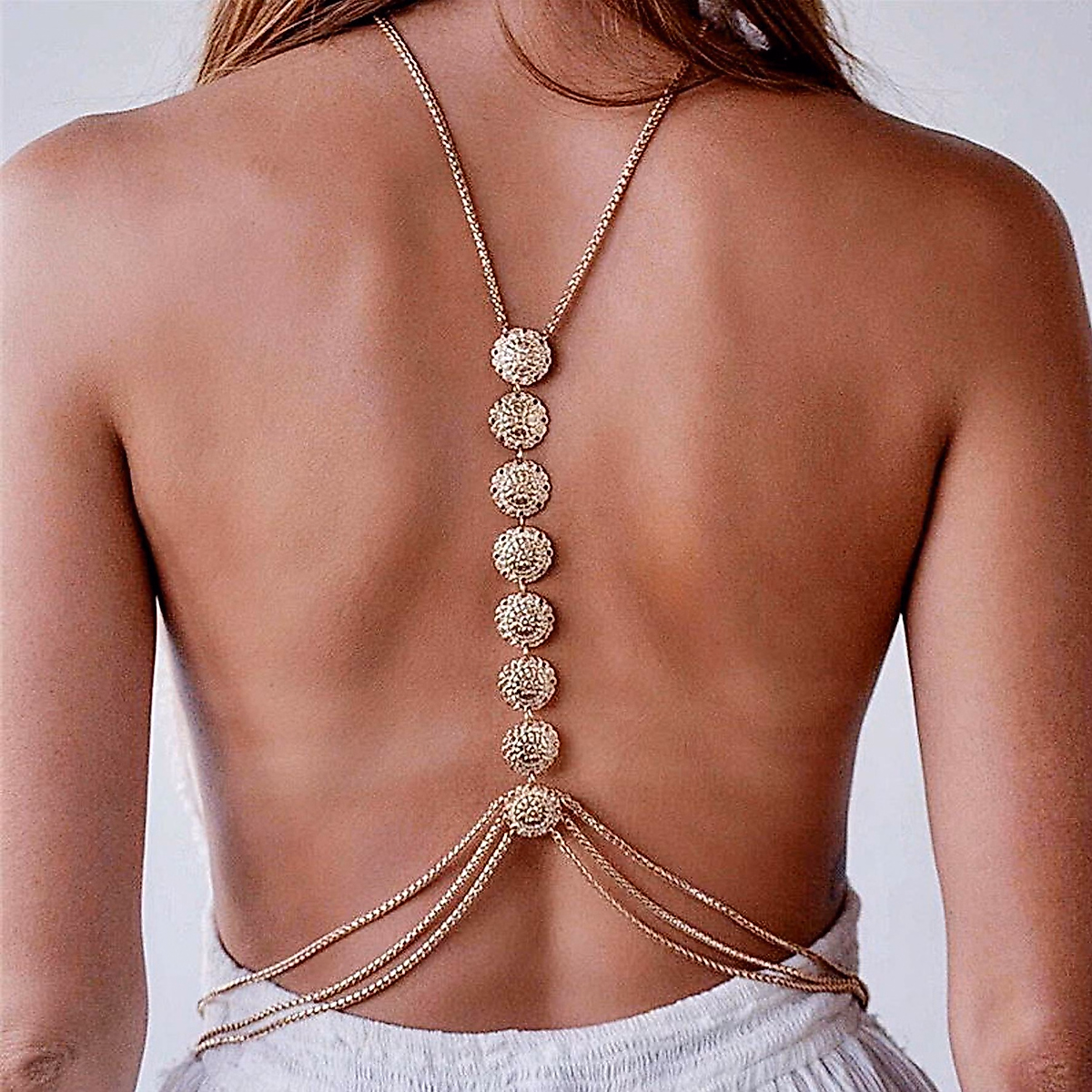 Bimkole 8-Ring Golden Body Chain Layered Sexy Gold Tassels, Fashion Bra Chains Summer Bikini Beach Body Jewelry Waist Belly Chain Harness Birthday Anniversary Festival Gift for Women and Girls