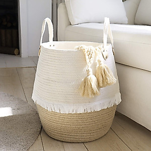 LA JOLIE MUSE Woven Blanket Basket Living Room, Decorative Nursery Laundry Hamper for Clothing Plant Toys Storage, Large Cotton Rope Basket with Jute, 16”15”12”,Off White & Jute