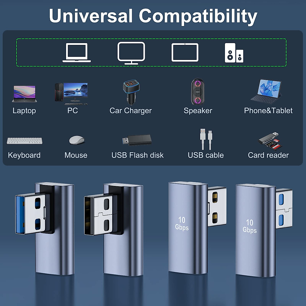 DuHeSin 4 Pack USB 3.1 90 Degree Adapter,【2*Left Angle】&【2*Right Angle】 USB A Male to Female Adapter for PC, Laptop, USB A Car Charger, Power Bank and Most USB Devices