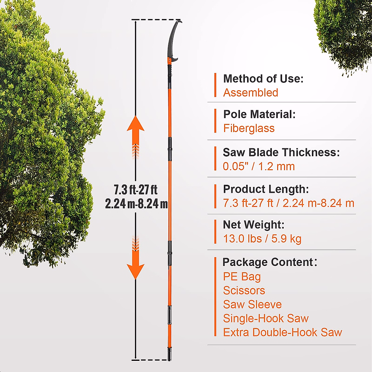 VEVOR Manual Pole Saw, 7.3-27 ft Extendable Tree Pruner, Sharp Steel Blade and Scissors High Branches Trimming, Branch Trimmer with Lightweight 8 Fiberglass Handles, for Pruning Palms and Shrubs