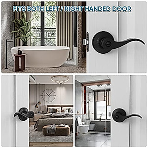 TICONN Black Door Handle, Traditional Wave Style Matte Black Reversible Door Lever for Interior Doors and Closet (Privacy Lock, 1-Pack)