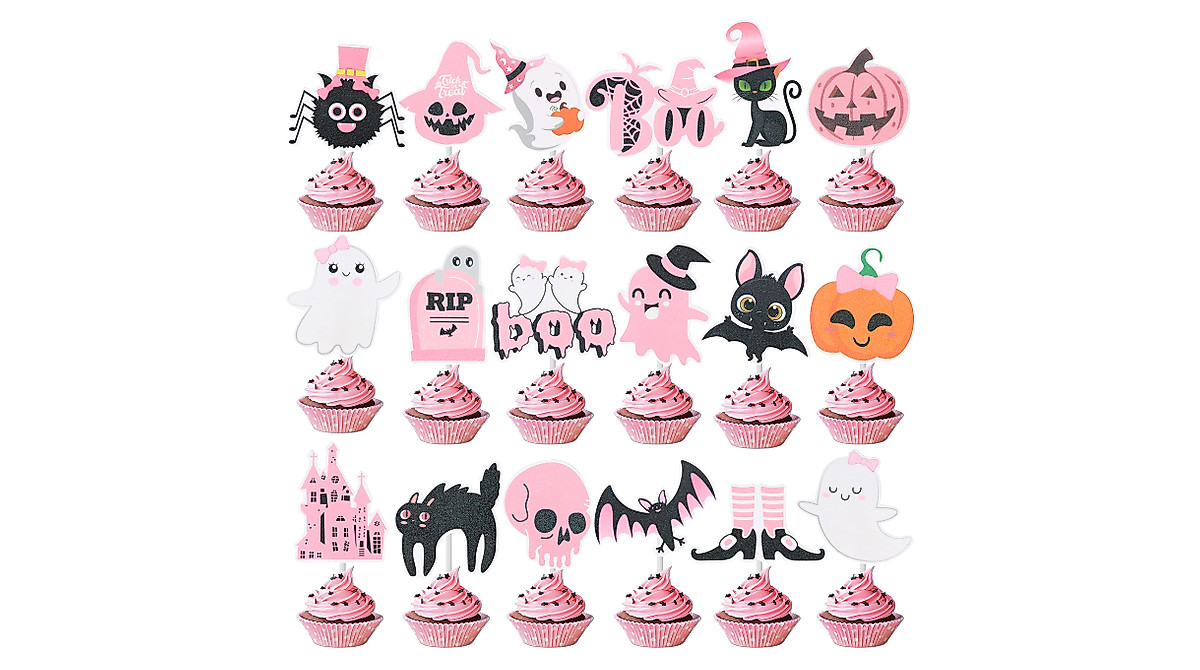 36Pcs Pink Ghost Cupcake Toppers for Halloween Fun