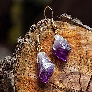 Ayana Crystals Raw Amethyst Earrings – Genuine February Birthstone Jewelry, Natural Raw Amethyst Stones for Emotional Balance, Spiritual Uplift, Handmade Purple Earrings for Women, Healing Crystal