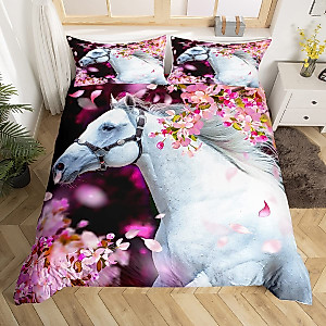 Erosebridal White Horse Duvet Cover Full,Romantic Pink Cherry Blossoms Comforter Cover 3Pcs for Kids Girls Boys Teens Bedroom with Zipper,Ultra Soft Farm Animal Bedding Set with 2 Pillow Cases
