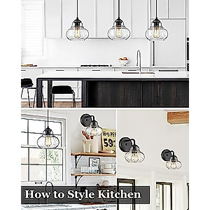 ELYONA Industrial Pendant Light Bubble Glass Kitchen Island Hanging Pendant Light Fxiture Modern Hand Blown Seeded Glass for Farmhouse Dining Room Bar Bedroom Living Room 8 inch Diam Black