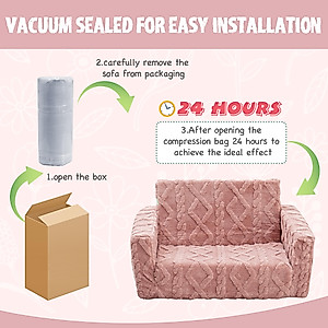 MallSingel Kids Sofa, Toddler Chair, 2-in-1 Flannel Kids Fold Out Couch, Toddler Convertible Sofa to Lounger, Flip Open Toddler Couch for Kids(White) (Pink)