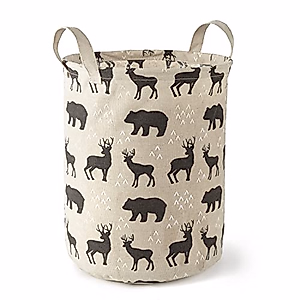 Levtex Baby - Logan Nursery Hamper - Round Fabric Storage Hamper - Bears and Deers - Taupe and Black - Nursery Accessories - Size: 14 x 19in.