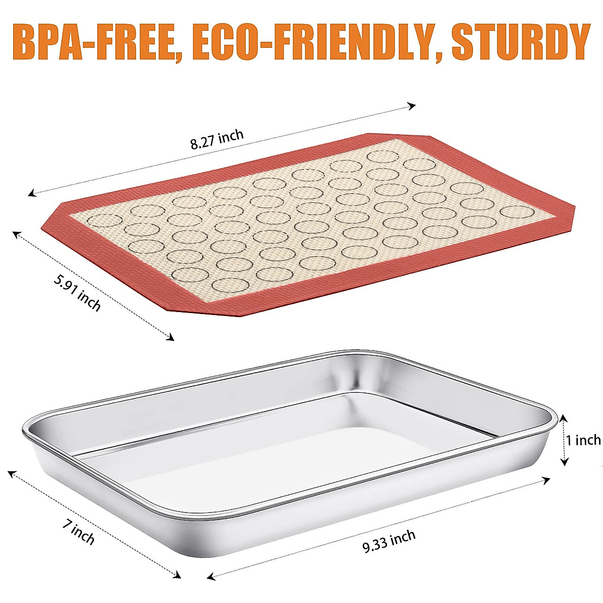 Baking Sheet with Silicone Mat Set of 4 [2 Sheets + 2 Mats], Deedro Stainless Steel Cookie Sheet Baking Pan with Silicone Baking Mat, 9 x 7 x 1 Inch, Non Toxic, Heavy Duty, Easy Clean