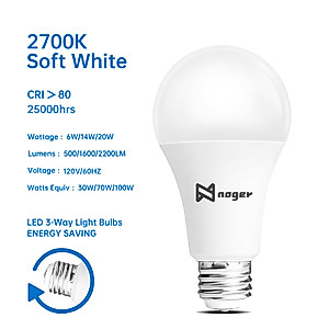 Noger 3-Way Led Light Bulbs A21 (4 Pack), 50 100 150W Equivalent, 2700K Soft White, 3 Way E26 Light Bulbs for Reading, 500-1600-2200LM