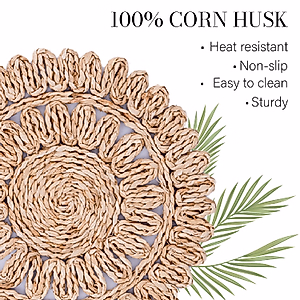 Laquedecraft 13.8" Round Corn Husk Placemats Set of 6 | Boho Rattan Woven Placemats | Farmhouse Spring Placemats | Table Wicker Placemats