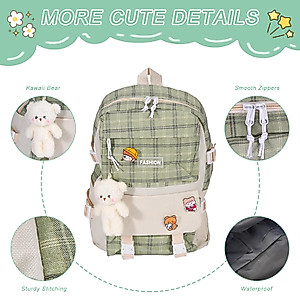 5Pcs Canvas School Backpack Combo Set with Kawaii Bear Pendant Cute Pins Plaid Check Handle Shoulder Tote Bag Schoolbag (Green)