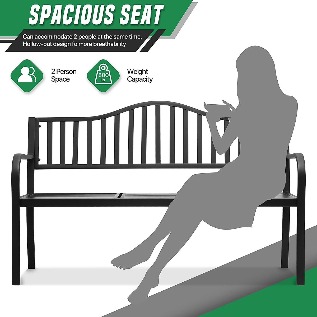 SFIHOME Metal Frame Garden Bench with Folding Table, 59" All-Weather Outdoor Benches for 2 Adults, Patio Bench with Slatted Backrest, Bench for Lawn Yard Porch Entryway, Black