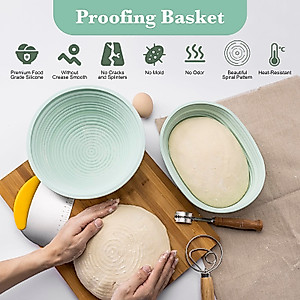 Silicone Sourdough Bread Proofing Baskets - Sourdough Starter Kit Including 9 Inch Round&10 Oval Foldable Sourdough Baking Basket, With Dough Whisk, Scraper, Lames, Brush, Baking Supplies Set (Green)