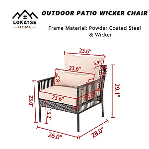 LOKATSE HOME 2 Piece Patio Dining Club Chairs Wicker Rattan Furniture Thick Cushion Seat, Beige