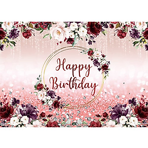 Burgundy Flower Happy Birthday Photography Backdrops 72.8x43.3inch Rose Gold Glitter Blush Photo Background for Women Lady Girl 16th 30th Birthday Party Decorations Banner Photo Booth Supplies