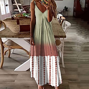Women's Summer Casual Sleeveless Dress V Neck Spaghetti Strap Maxi Long Dress Color Block Printed Beach Sun Dresses Green