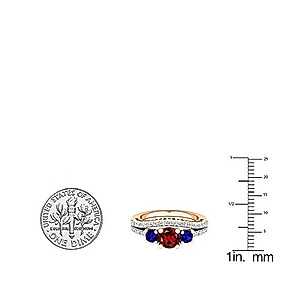 Dazzlingrock Collection 5.5 MM Round Garnet,Blue Sapphire & Diamond Wedding Ring Set in 18K Rose Gold, Size 7.5