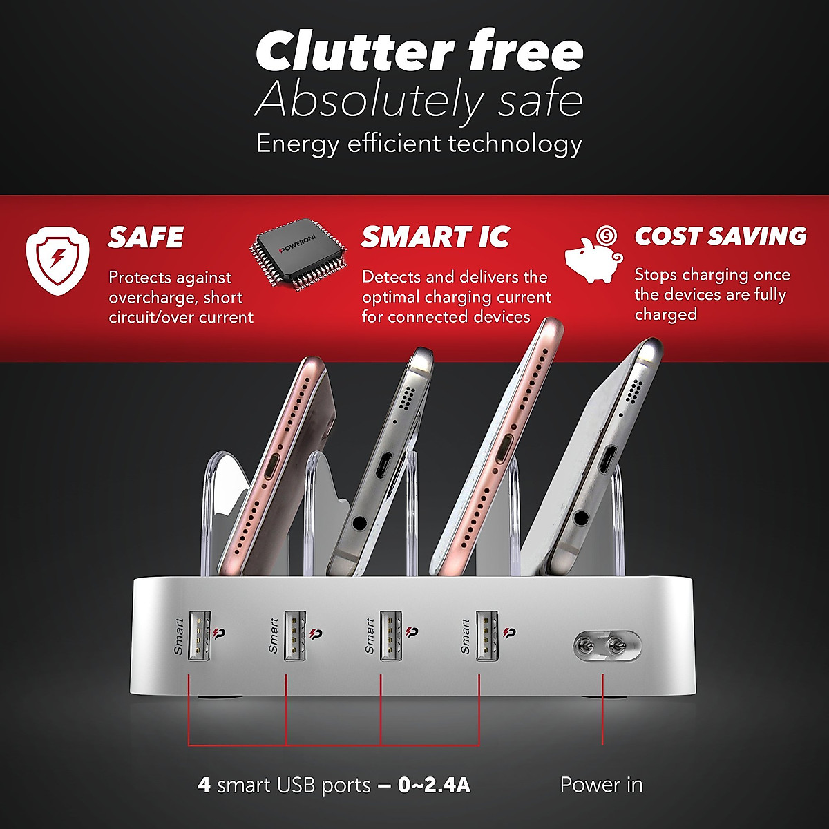 Poweroni USB Charging Dock - 4-Port - Fast Charging Station for Multiple Devices Apple - Multi Device Charger Station - Compatible with Apple iPad iPhone and Android Cell Phone and Tablet