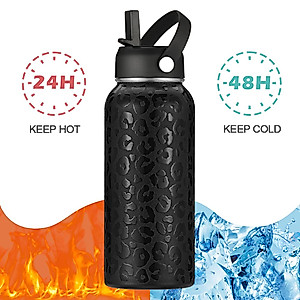 WEREWOLVES Personalized Insulated Water Bottle with Paracord Handle Straw Lid & Spout Lid, Vacuum Stainless Steel Wide Mouth Water Bottle for Adults (40oz, Leopard Print-Black)