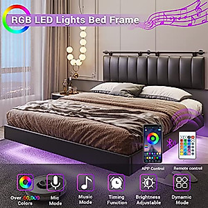 DICTAC Queen Floating Bed Frame with LED Lights and Wall Mounted Headboard,Modern Queen Size Low Profile LED Platform Bed Frame,Faux Leather Upholstered Platform Bed Frame,No Box Spring Needed,Black