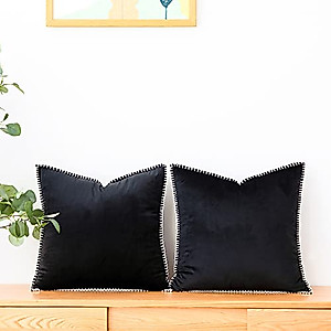 GAWAMAY Solid Soft Velvet Farmhouse Spring Black Pillow Covers 18x18 Set of 2,Decorative Green Throw Pillows with Chenille Edge,Square Boho Couch Pillows for Living Room Sofa Couch Beding(45x45cm)
