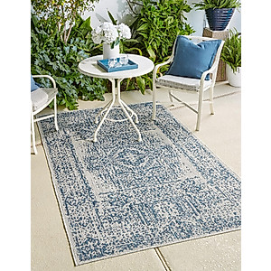 Rugs.com Outdoor Traditional Collection Rug – 4' x 6' Blue Flatweave Rug Perfect for Entryways, Kitchens, Breakfast Nooks, Accent Pieces
