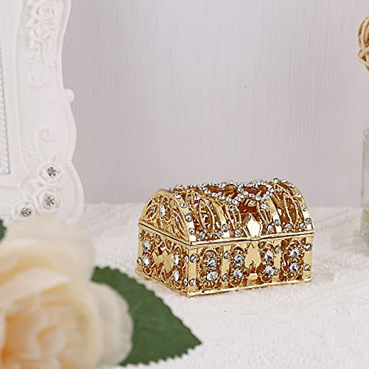 ELLDOO Crystal Treasure Chest Box Floral Engraved Jewelry Box Wedding Box Keepsake Box Ring Earring Small Trinket Storage Organizer Box for Girls Women Wedding Brithday Gift, Gold