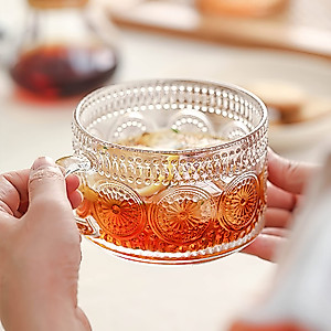 Kingrol 4 Pack 13 Ounces Glass Coffee Mugs with Spoons, Stackable Tea Cups, Vintage Drinking Glassware for Water, Milk, Iced Coffee, Beverage, Dessert