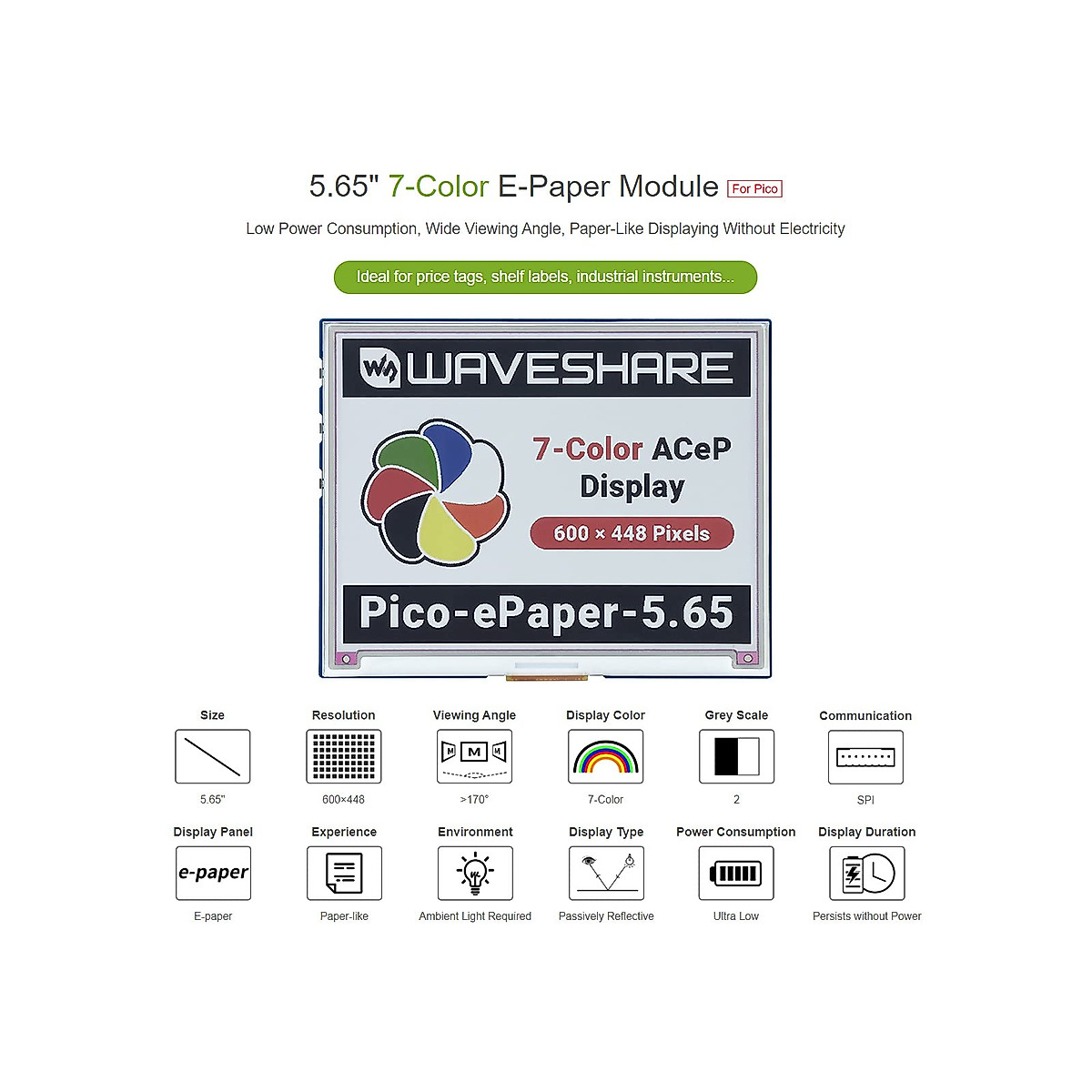 waveshare TOP1 5.65inch 7-Color e-Paper E-Ink Display Module for Raspberry Pi Pico, 600 × 448 Resolution Screen Advanced Color ePaper (ACeP) Technology, Low Power Wide Viewing Angle
