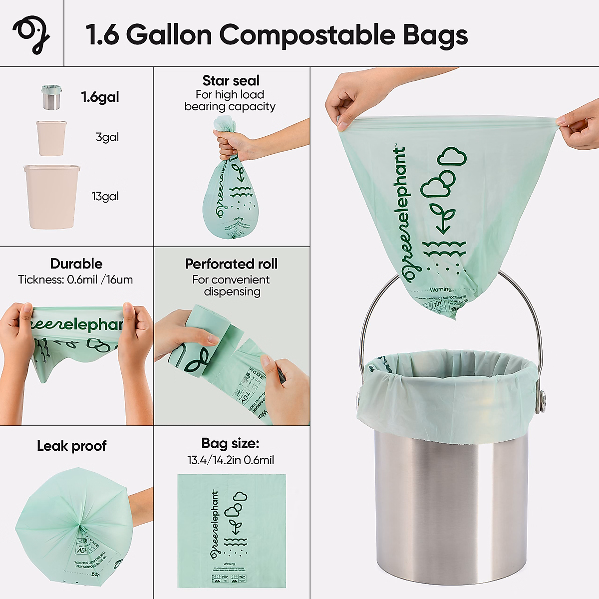 Green Elephant Compost Bags Small-Compostable Trash Bags,Small Biodegradable Trash Bags,Compostable Bags for Kitchen Compost Bin,1.6 Gallon Biodegradable Bags,BPI Certified Compostable Bag (2 Pack)