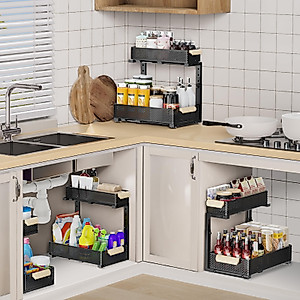 Under Sink Organizers and Storage,2 PACK 5 Height Adjustable Kitchen Cabinet Organizer,2 Tiers Pull Out Drawer Shelves Metal Slide Tray Organizer for Kitchen Bathroom