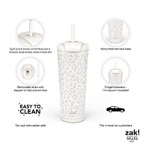 Zak Designs Beacon Straw Tumbler for Travel or At Home, 24oz Stainless Steel with Vacuum Insulated and Non-Skid Base (Linen Leopard)