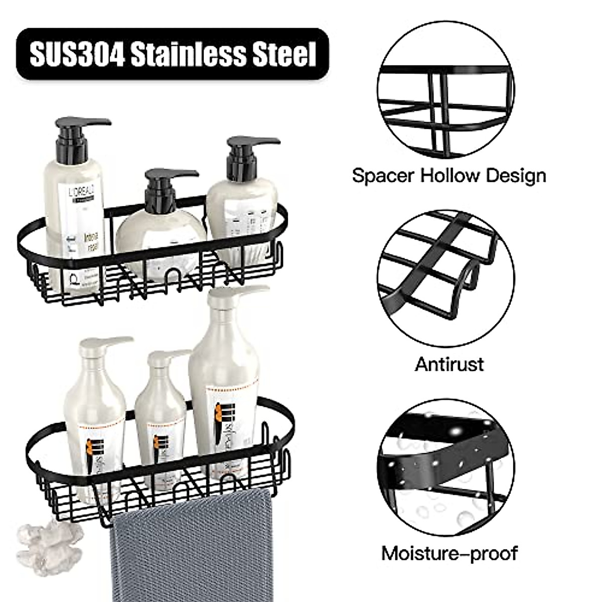 MACHYONG Shower Caddy, 4 Pack Adhesive Shower Organizer, Shower Shelf with Toothbrush Holder, Soap Dish, No Drilling Bathroom Storage Shampoo Holder Rack, Black