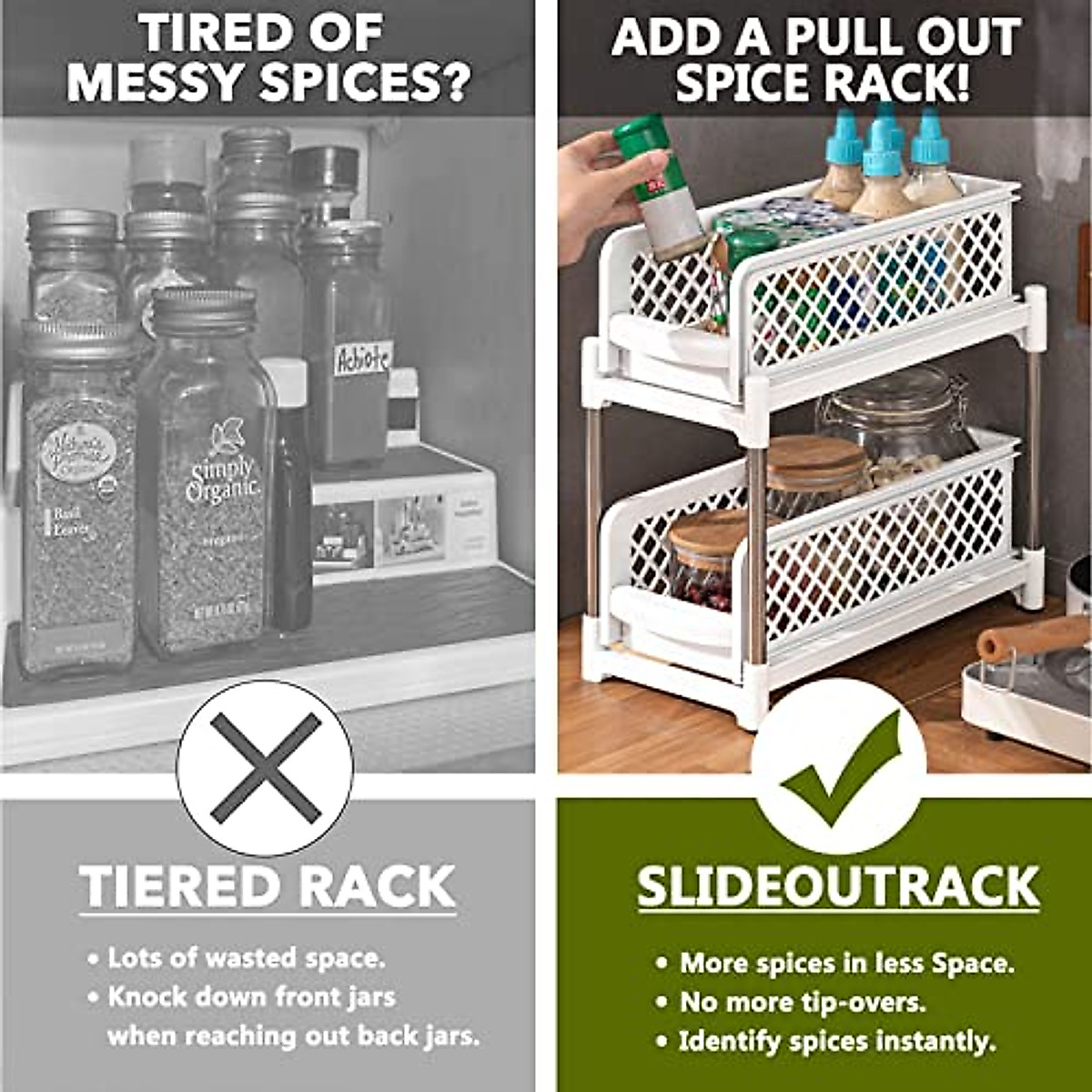 Toplive 2 Tier Spice Rack Lazy Susan Organiser with Sliding Drawer Organiser, Under Sink Organisers and Storage Rack Pull Out Cabinet Basket Organiser for Bathroom Kitchen Bedroom