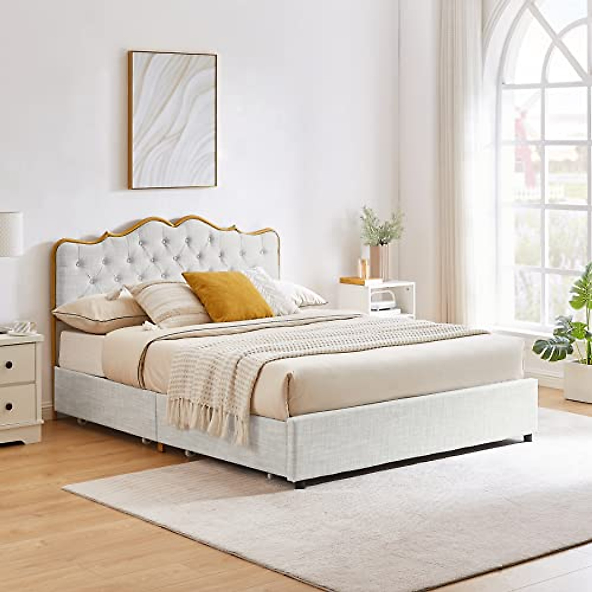 Maxzzz Queen Size Bed Frame with Four Storage Drawers & Upholstered Headboard - Elegant Golden Paint Finish, Sturdy Metal & Solid Wood Construction, No Box Spring Needed, Light Gray