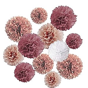 CC wonderland zone Rose Gold,Pink and White Paper Pom Poms,Rose Gold White Tissue Pom Poms Hanging Decorations,Rose Gold White Party Decorations(12 PCS)