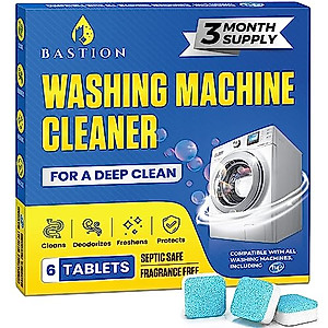 Bastion Washing Machine Cleaner, Deodorizer, & Descaler 6-Pack - Active Deep Cleaning Tablets for HE Front Loader & Top Load Washer, Septic Safe Eco-Friendly - 3 Month Supply