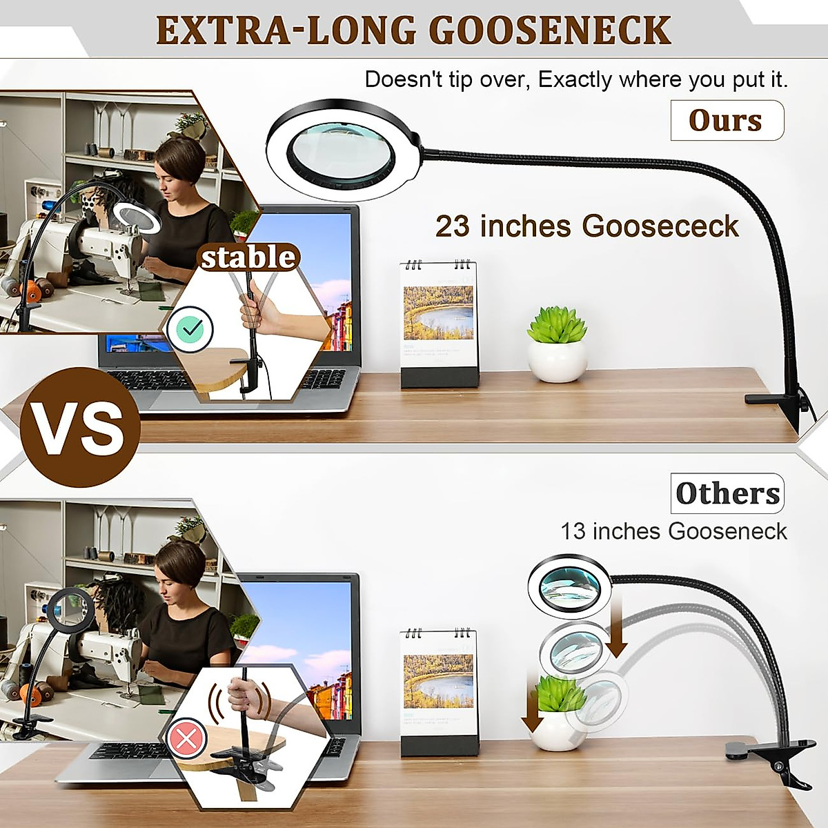 VEEMAGNI 23" Magnifying Glass with Light and Clamp, 5 Color Modes Stepless Dimmable LED Gooseneck Desk Lamp, 5X Real Glass Table Lighted Magnifier Hands Free for Craft Painting Close Work Hobby Sewing