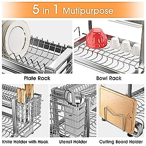 Dish Drying Rack, Stainless Steel Dish Rack, Rustproof Dish Drainers for Kitchen Counter, Multifunctional 2 Tier Dish Drainers Organizer with Drainboard & Utensil Holder