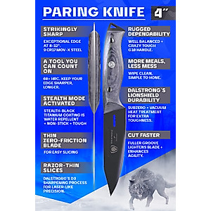 Dalstrong Paring Knife - 4 inch - Delta Wolf Series Knife - Ultra-Thin & Zero Friction Blade - HC 9CR18MOV Steel - Black Titanium Nitride Coating - G10 Camo Handle Kitchen Chef Knife - Leather Sheath