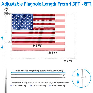 Upgraded Flag Pole Kit w/ 2-Position Bracket Holder & Rotating Flag Rings - 5FT to 6Ft 1" Metal Flagpole Kit for 3x5 & 4x6 American Flag - House Wall Mount Flag Pole for Residential (6 FT, Silver)
