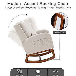 Iroomy Modern Accent Rocking Chair, Upholstered Rocking Chair Glider Rocker High Back Arm Chair W/2 Side Pockets, Rocking Chair Indoor for Living Room/Bedroom/Nursery-Beige