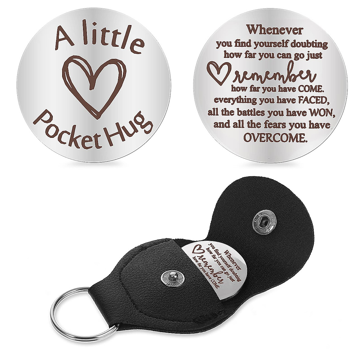 cobee Pocket Hug Token, Encouragement Long Distance Relationship Keepsake Stainless Stell Double Sided Inspirational Pocket Hug Token Gift with Leather Keychains for Family, Friends, Lovers(Style-A)