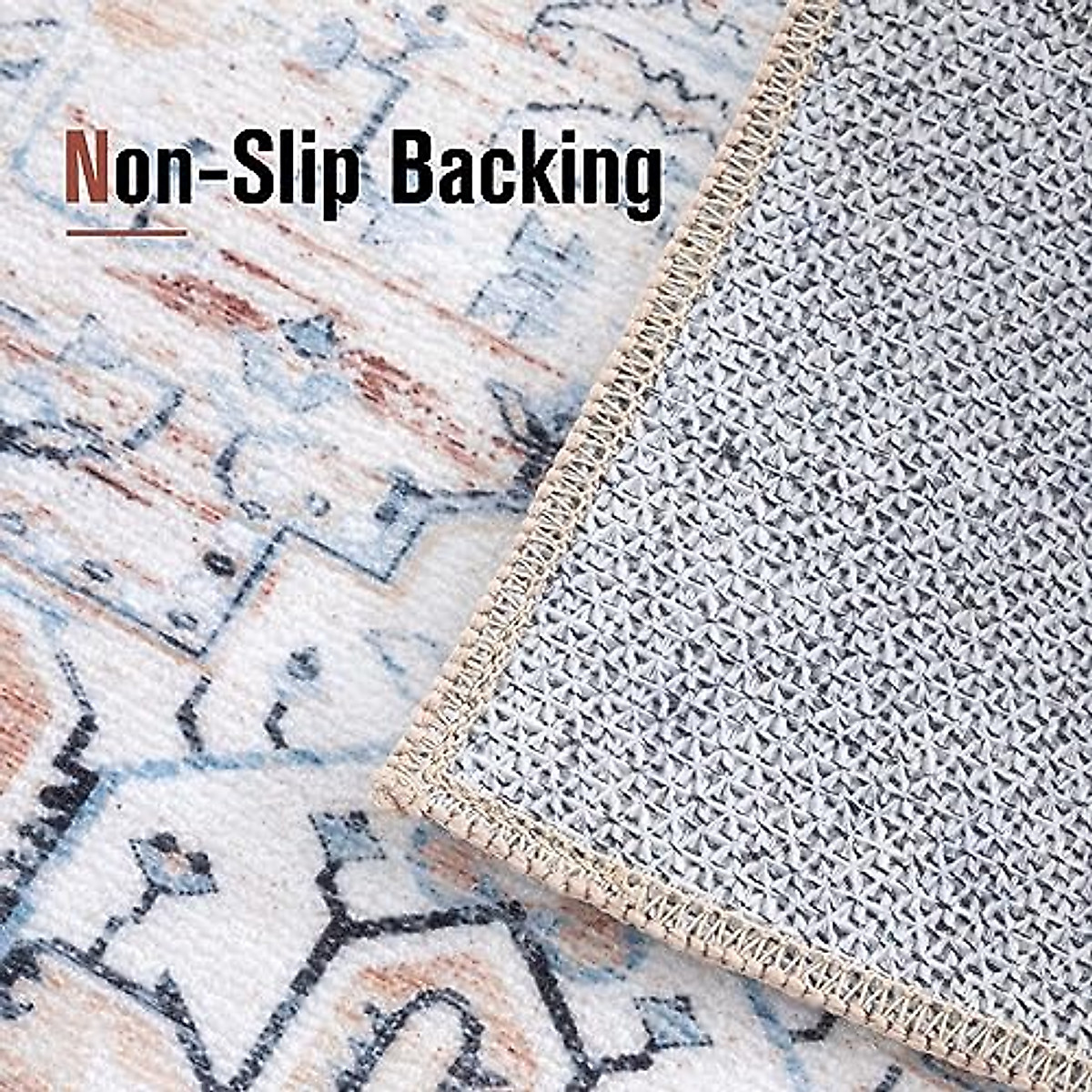 Asrug 4x6 Washable Area Rug, Boho Non-Slip Entryway Rug Doormat Stain Resistant Non-Shedding Distressed Throw Carpet for Bedroom Living Room Kitchen Bathroom, Light Blue
