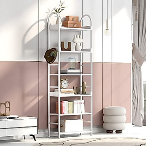 AVGVLIJ Tall Bookcase, 6 Tier Bookshelf Storage Organizer, Modern Book Shelf Adjustable Foot Pads for Bedroom, Bathroom, Living Room and Home Office (White)